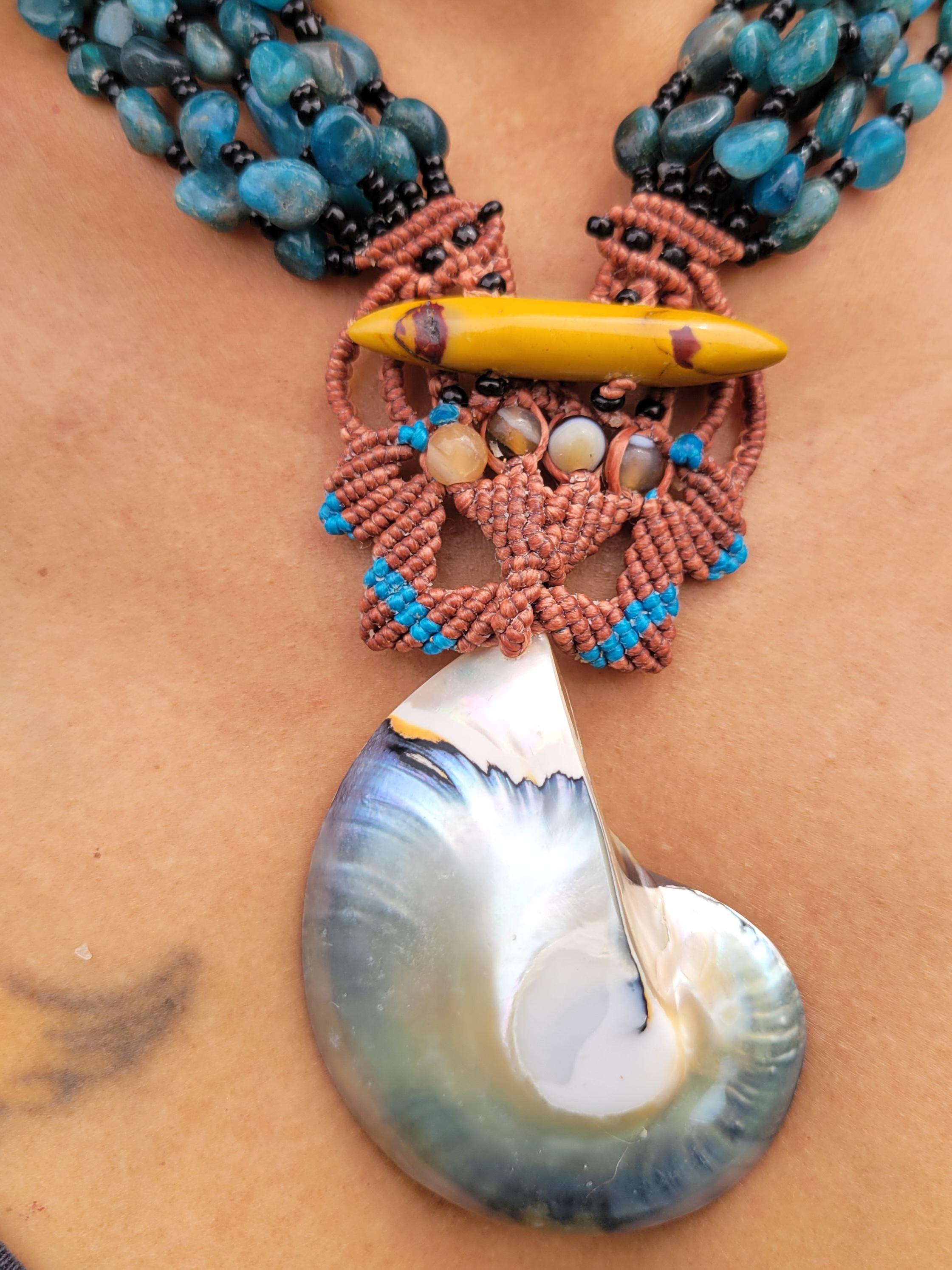 Ocean Heart Necklace – Nautilus Shell Pendant With Jasper Bar & Apatite ...