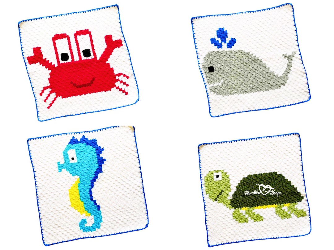 4 Crochet Ocean Animals Pattern • Crochet Square Pattern • C2C Crochet ...