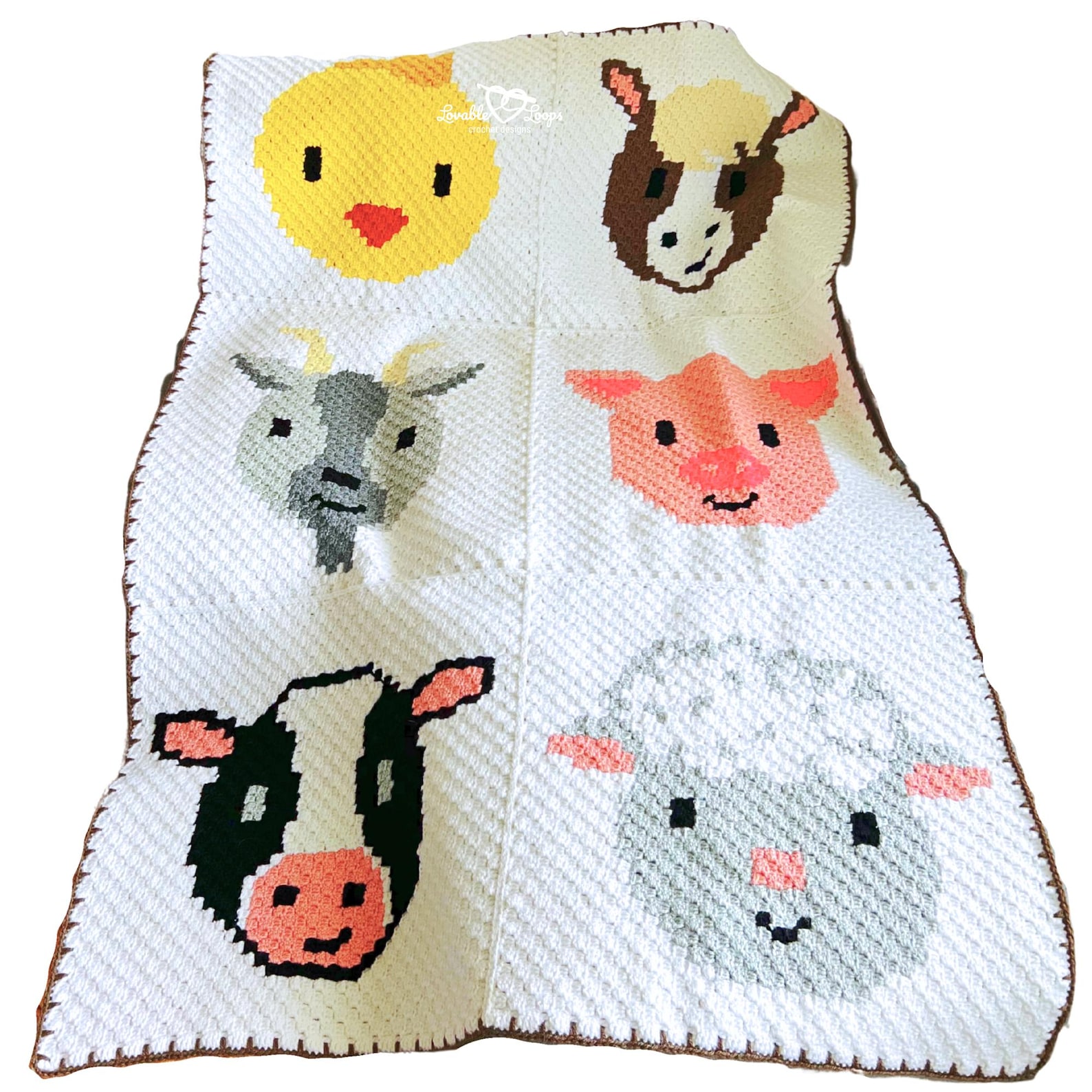 C2C Crochet Farm Animal Blanket Pattern, Cow Pig Sheep Goat Horse Chick ...