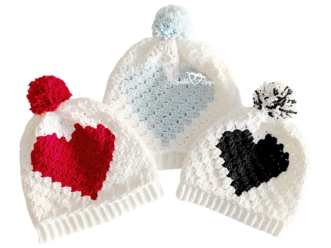 3 Sizes Heart Hat Crochet Pattern | Corner to Corner (c2c) Heart Hat ...