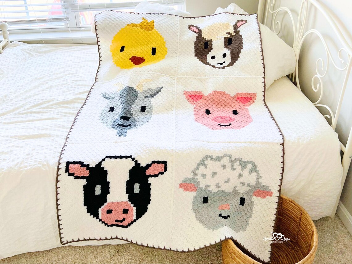 C2C Crochet Farm Animal Blanket Pattern, Cow Pig Sheep Goat Horse Chick ...