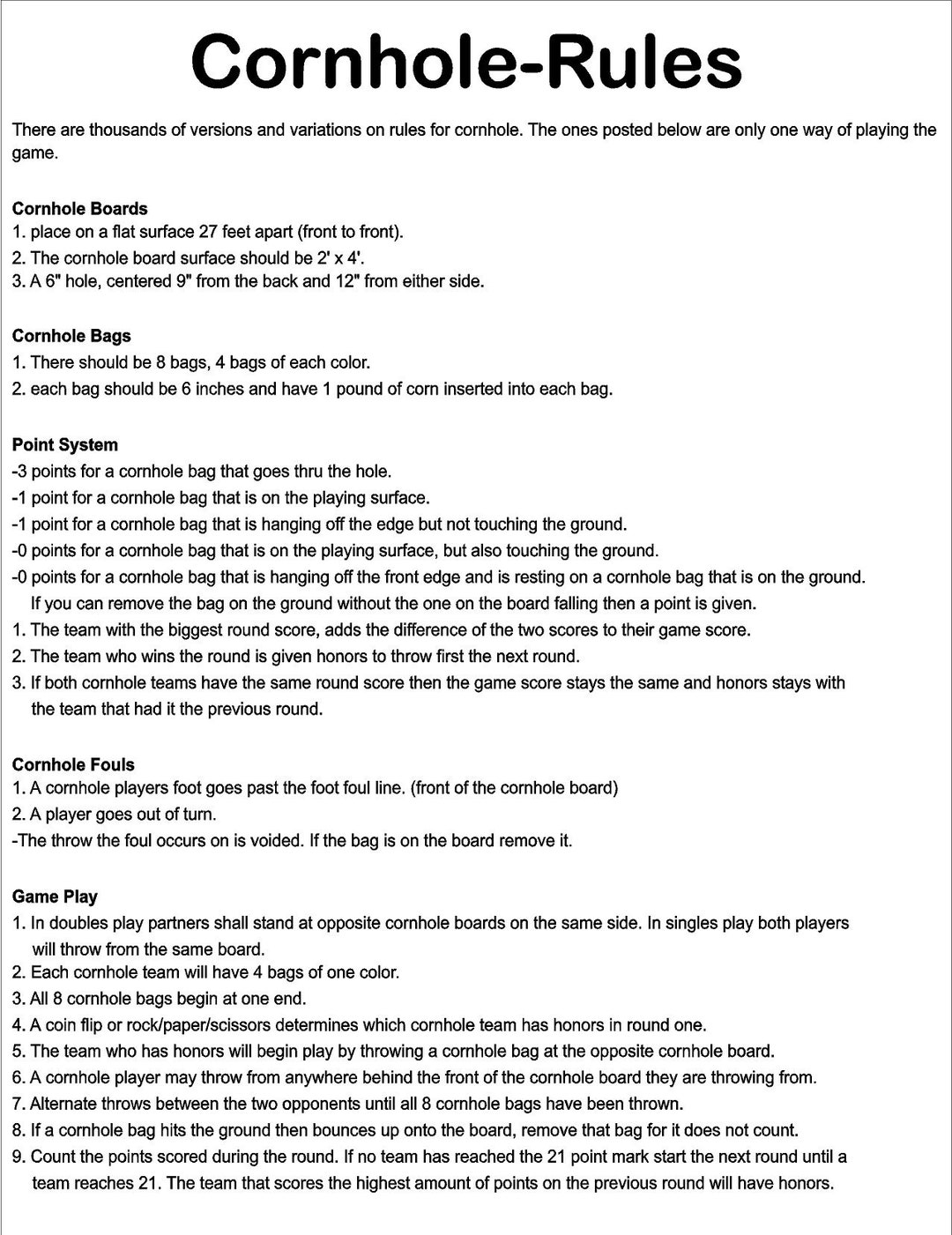 Cornhole Board Game Rules Printable File Eps Pdf Jpg Digital Download