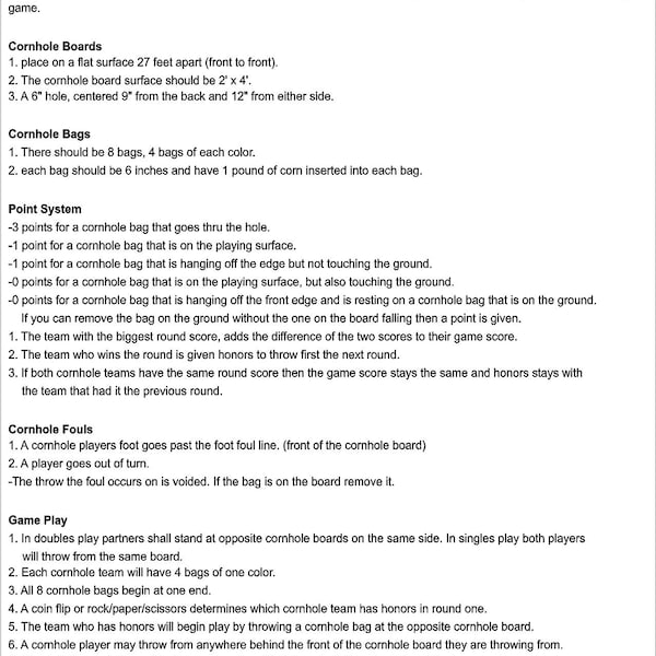 Cornhole Rules Printable - Etsy