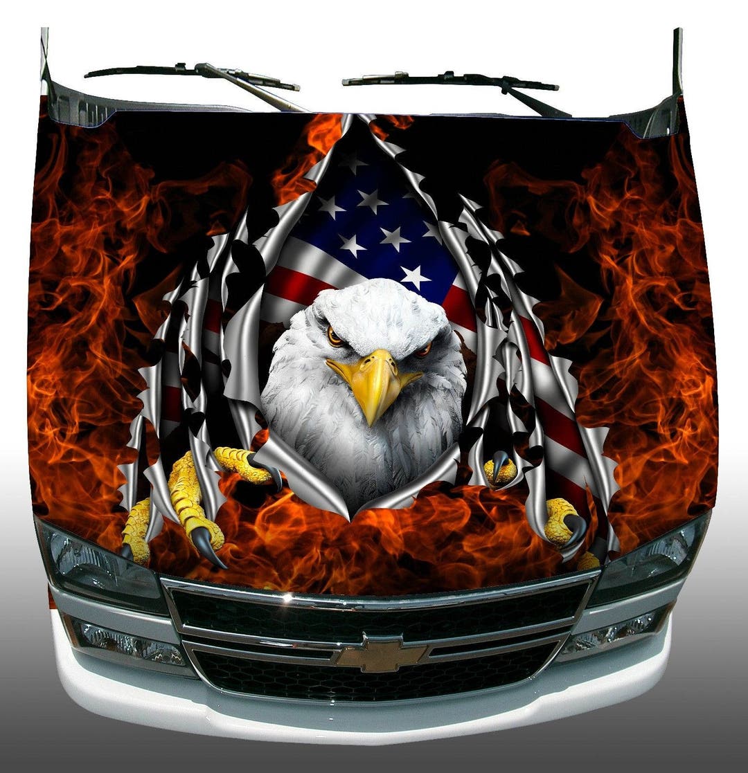 American Flag Eagle Rip Fire Flame Hood Wrap Wraps Sticker Vinyl Decal ...