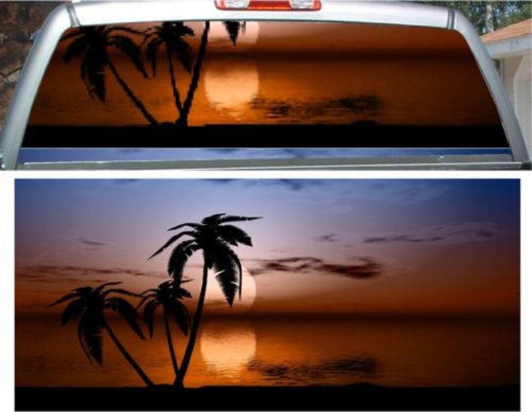 Tropical Sunset Palm Trees Ocean Rear Window View Thru Vinyl Graphic ...