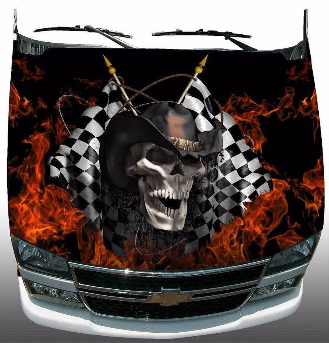 Racing Cowboy Skull Checkered Flag Flame Fire Hood Wrap Vehicle Sticker ...
