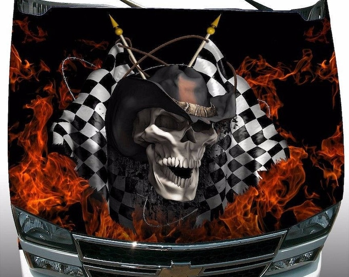 Racing Cowboy Skull Checkered Flag Flame Fire Hood Wrap Vehicle Sticker ...