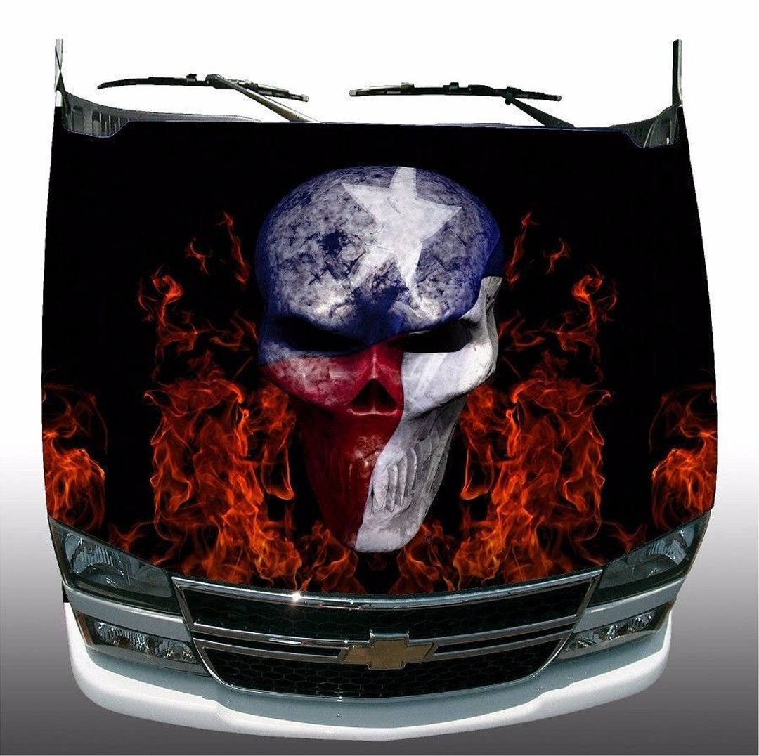Texas Flag Skull Flames Fire Hood Wrap Wraps Sticker Vinyl Graphic ...