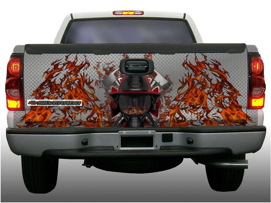 Firefighter Helmet Fire Flames Diamond Plate Mural Tailgate Wrap Vinyl ...