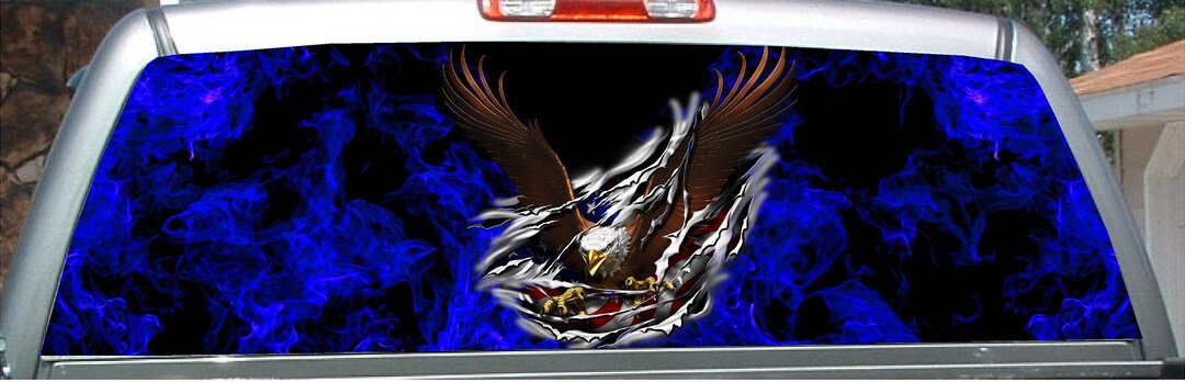Blue Fire Flames Eagle Tear Rear Window View Thru Vinyl Graphic Decal ...
