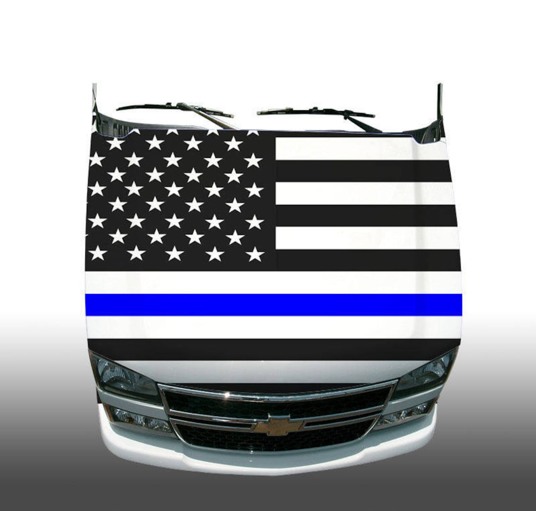 American Flag Gray Scale Blue Line Police Hood Wrap Vehicle Sticker ...