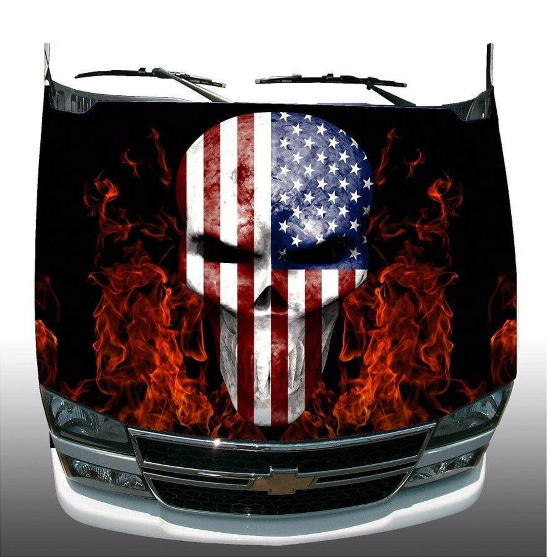 American Flag Skull Fire Flame Hood Wrap Wraps Sticker Vinyl Decal ...