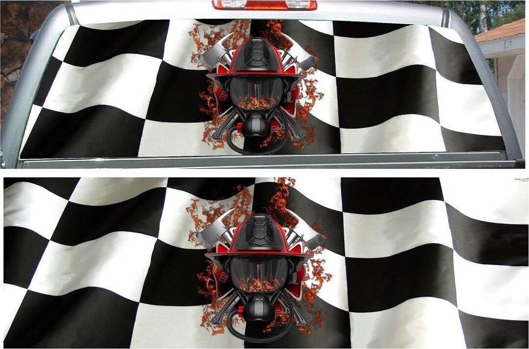 Checkered Flag Racing Firefighter Helmet Flames Rear Window View Thru ...