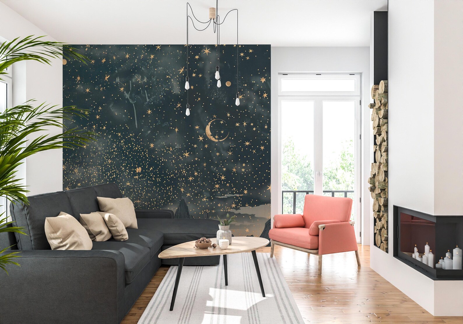 Mystical Starry Night Wall Mural – Dark and Gold Peel-and-stick ...