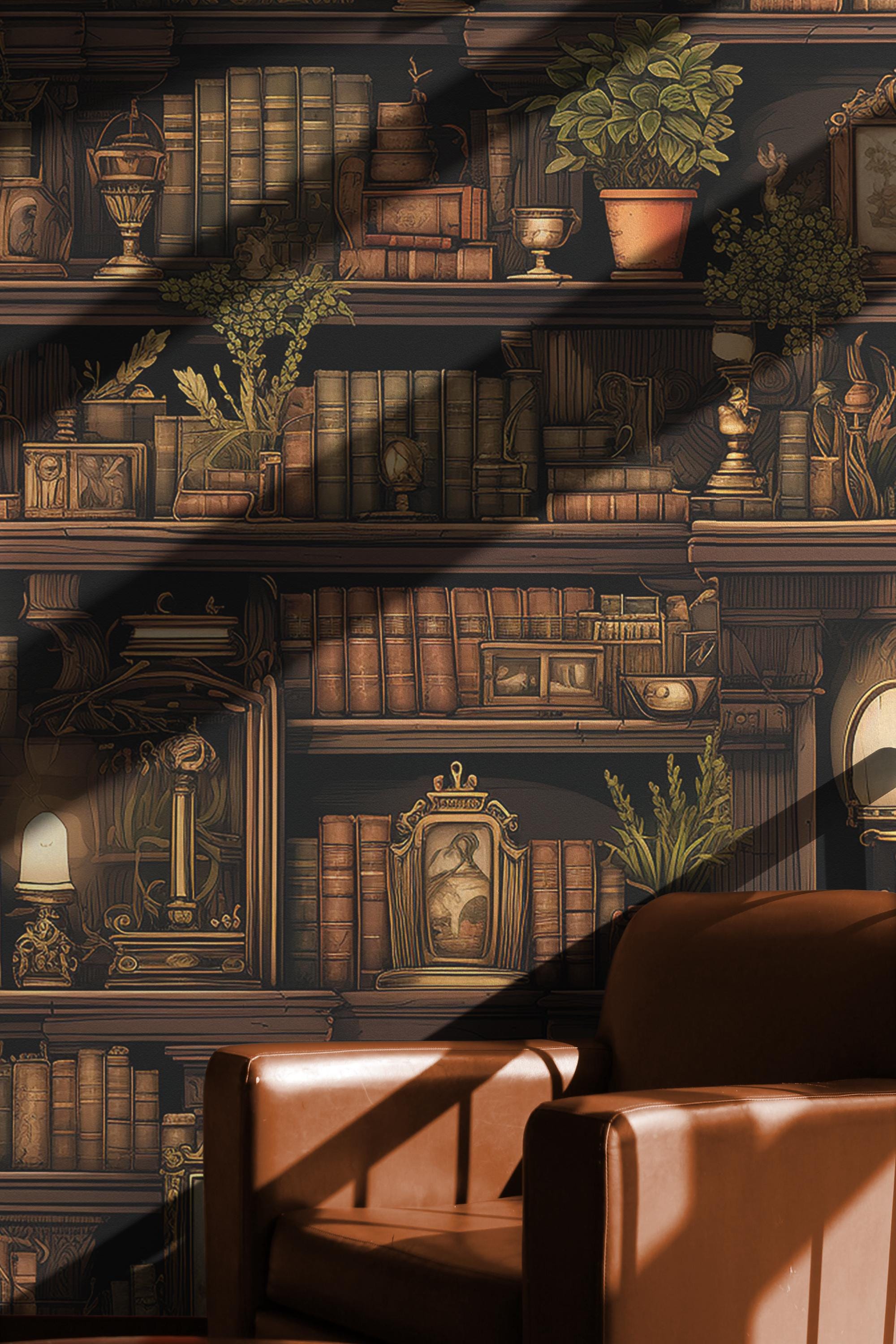 Vintage Bookshelf Wall Mural With Plant–water Activated Wallpaper for ...