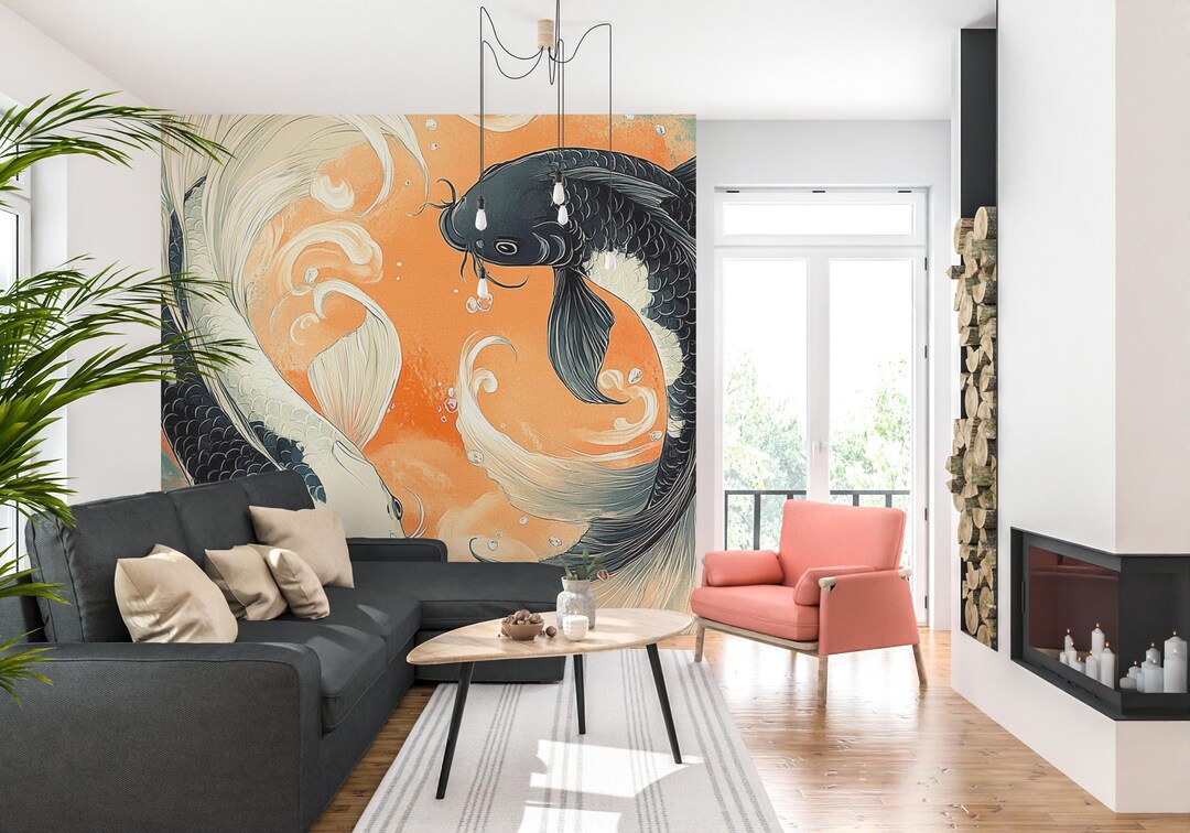 Koi Fish Wallpaper Mural | Serene Water-inspired Vinyl Peel and Stick ...