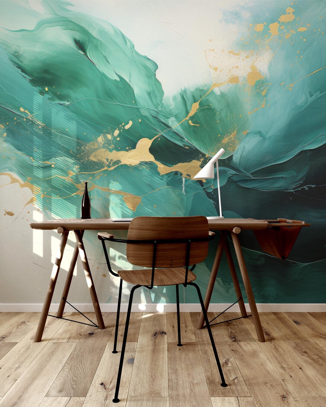 Emerald Green Splash Mural With Gold Accents - Luxurious Abstract ...