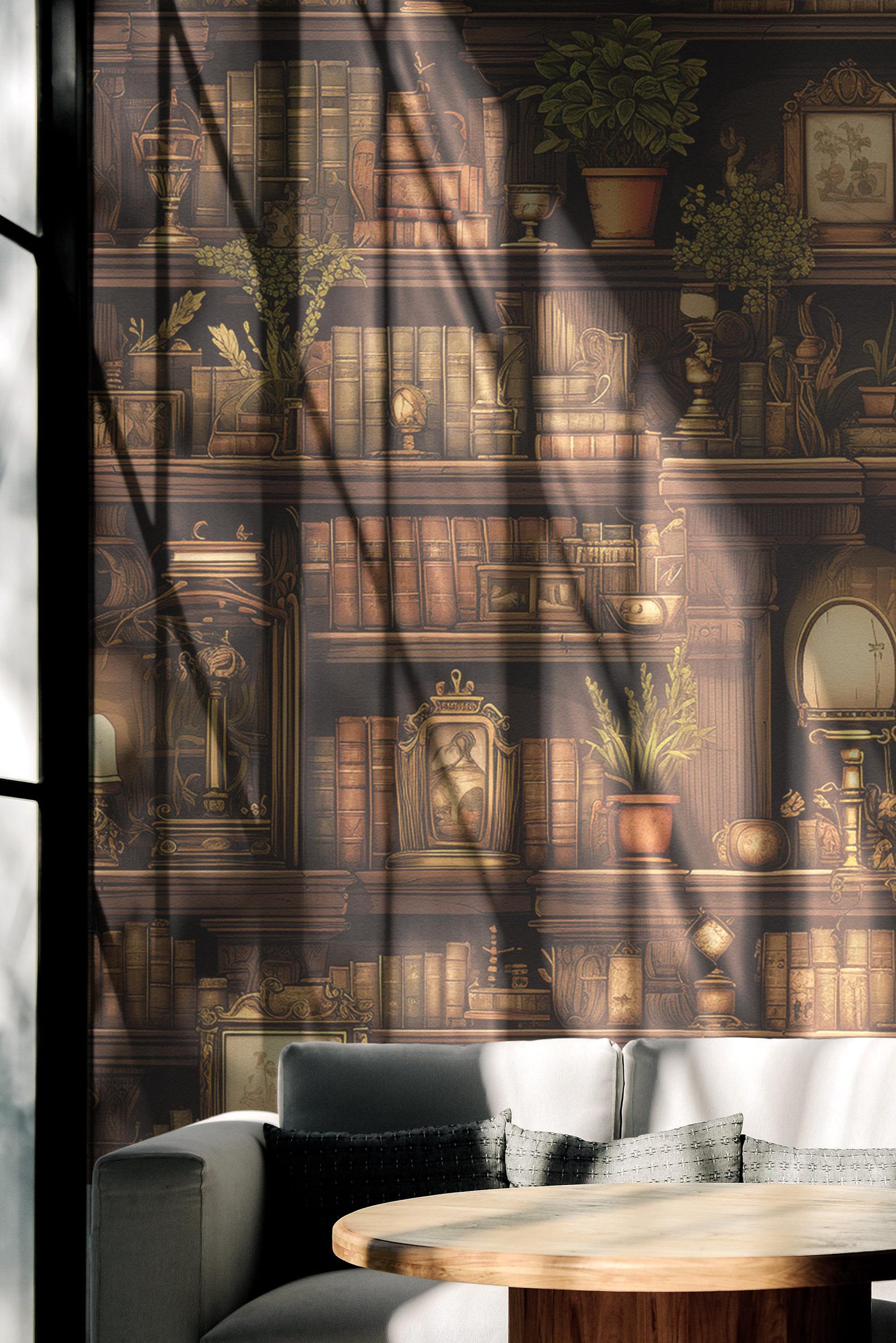 Vintage Bookshelf Wall Mural With Plant–water Activated Wallpaper for ...