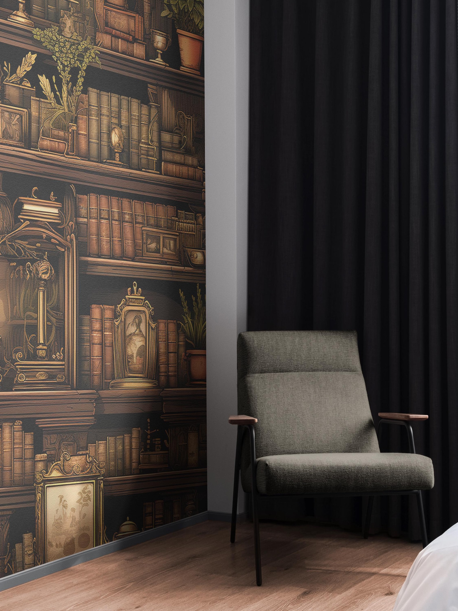 Vintage Bookshelf Wall Mural With Plant–water Activated Wallpaper for ...