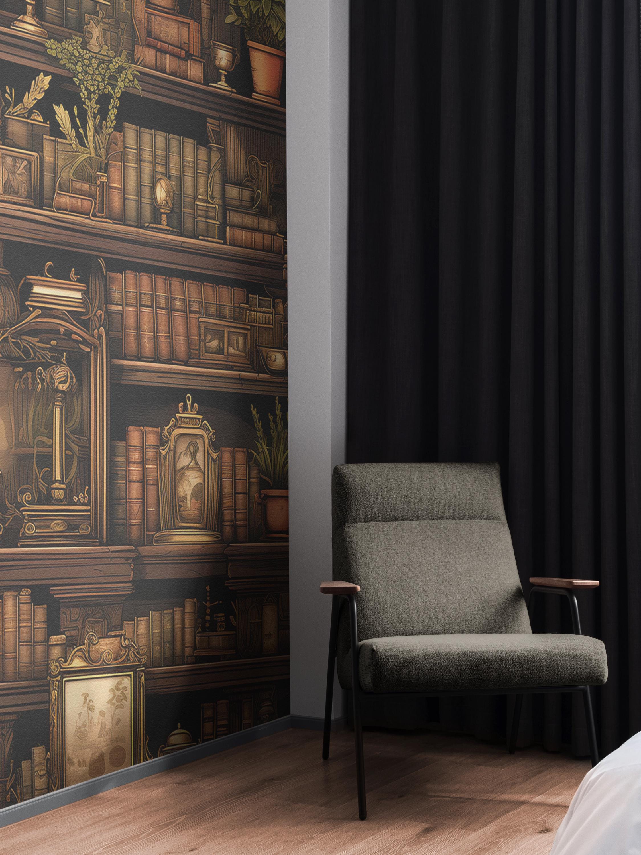 Vintage Bookshelf Wall Mural With Plant–water Activated Wallpaper for ...