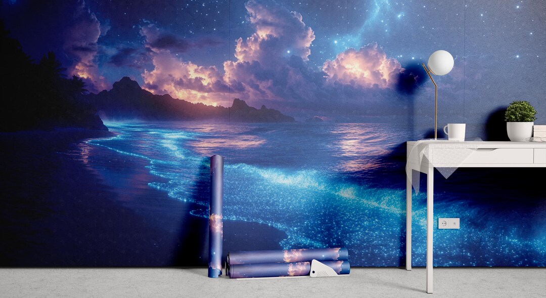 Bioluminescent Beach Wallpaper - Ocean Glow Wall Mural - Ethereal Night ...