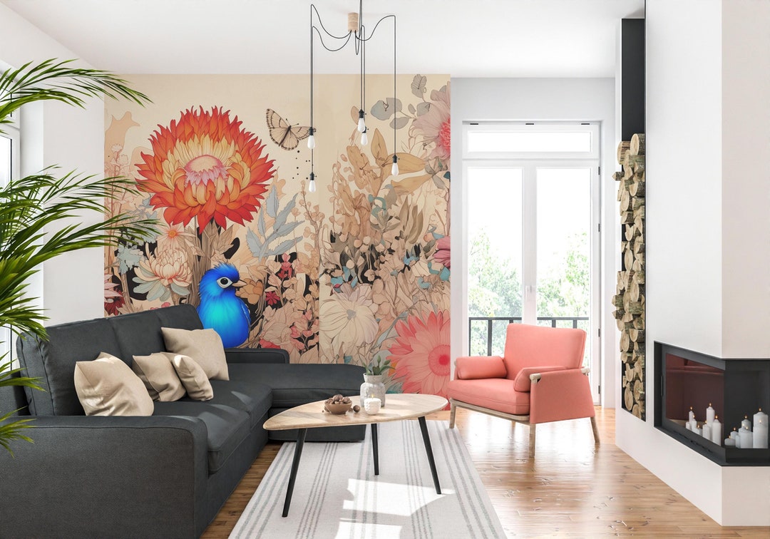 Floral Fantasy With Blue Bird Mural Wallpaper - Bold, Nature-inspired ...