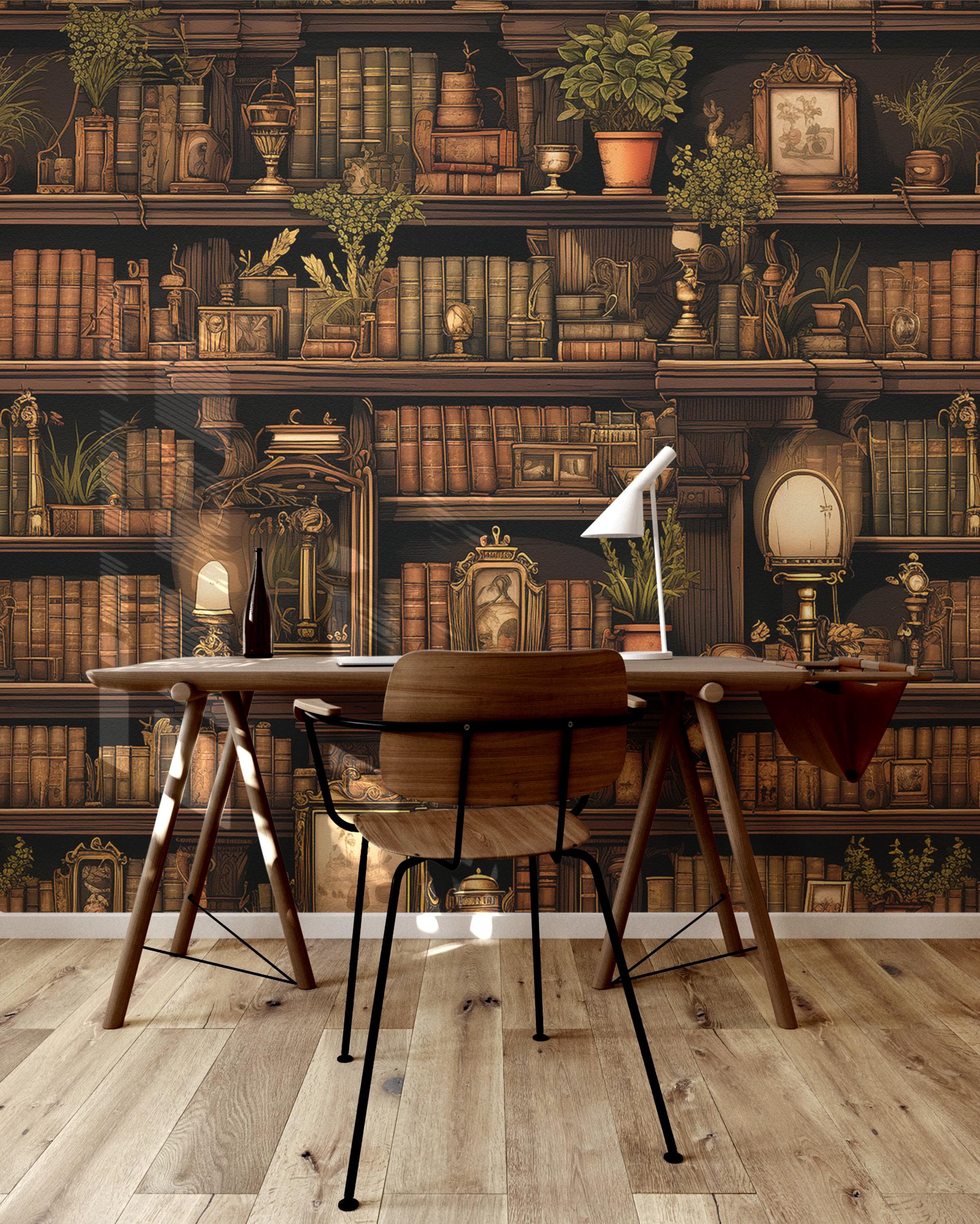 Vintage Bookshelf Wall Mural With Plant–water Activated Wallpaper for ...