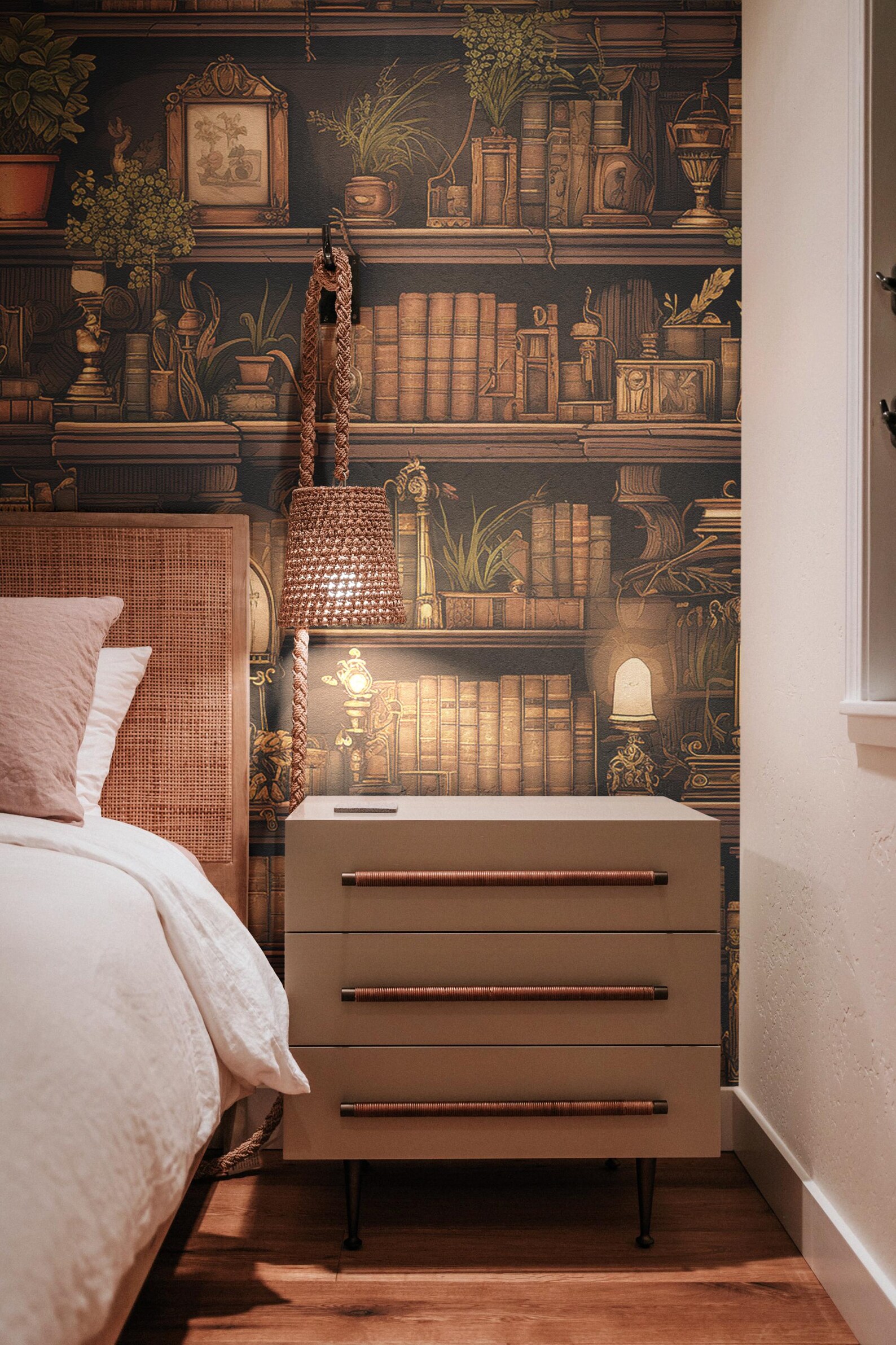 Vintage Bookshelf Wall Mural With Plant–water Activated Wallpaper for ...