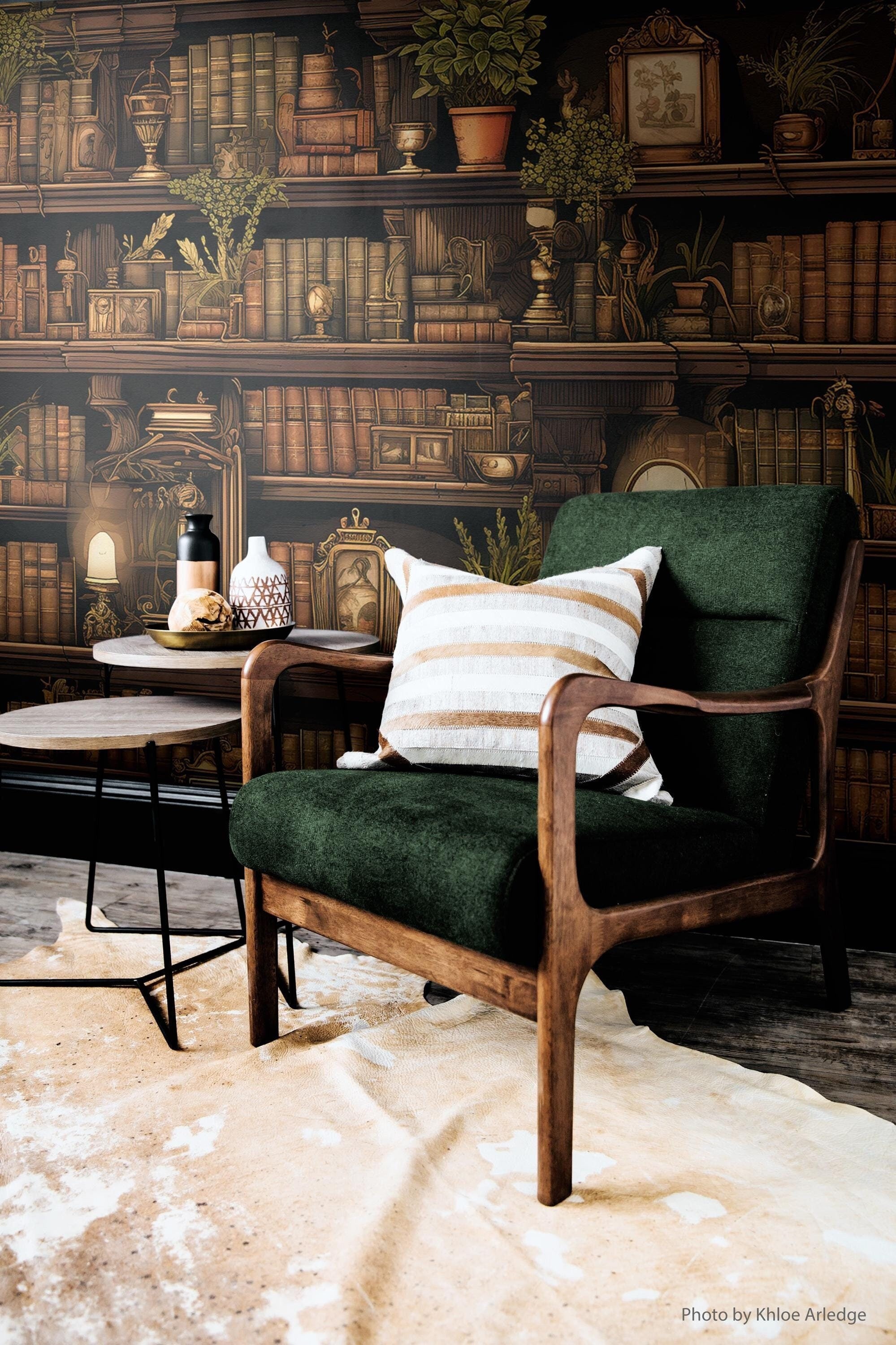 Vintage Bookshelf Wall Mural With Plant–water Activated Wallpaper for ...