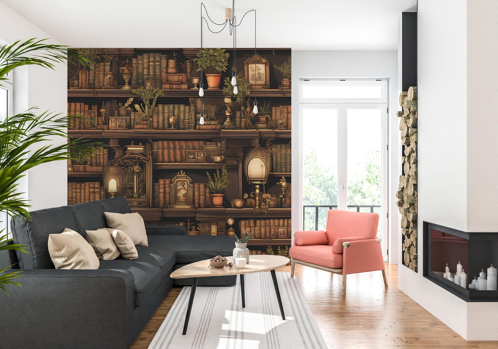 Vintage Bookshelf Wall Mural With Plant–water Activated Wallpaper for ...