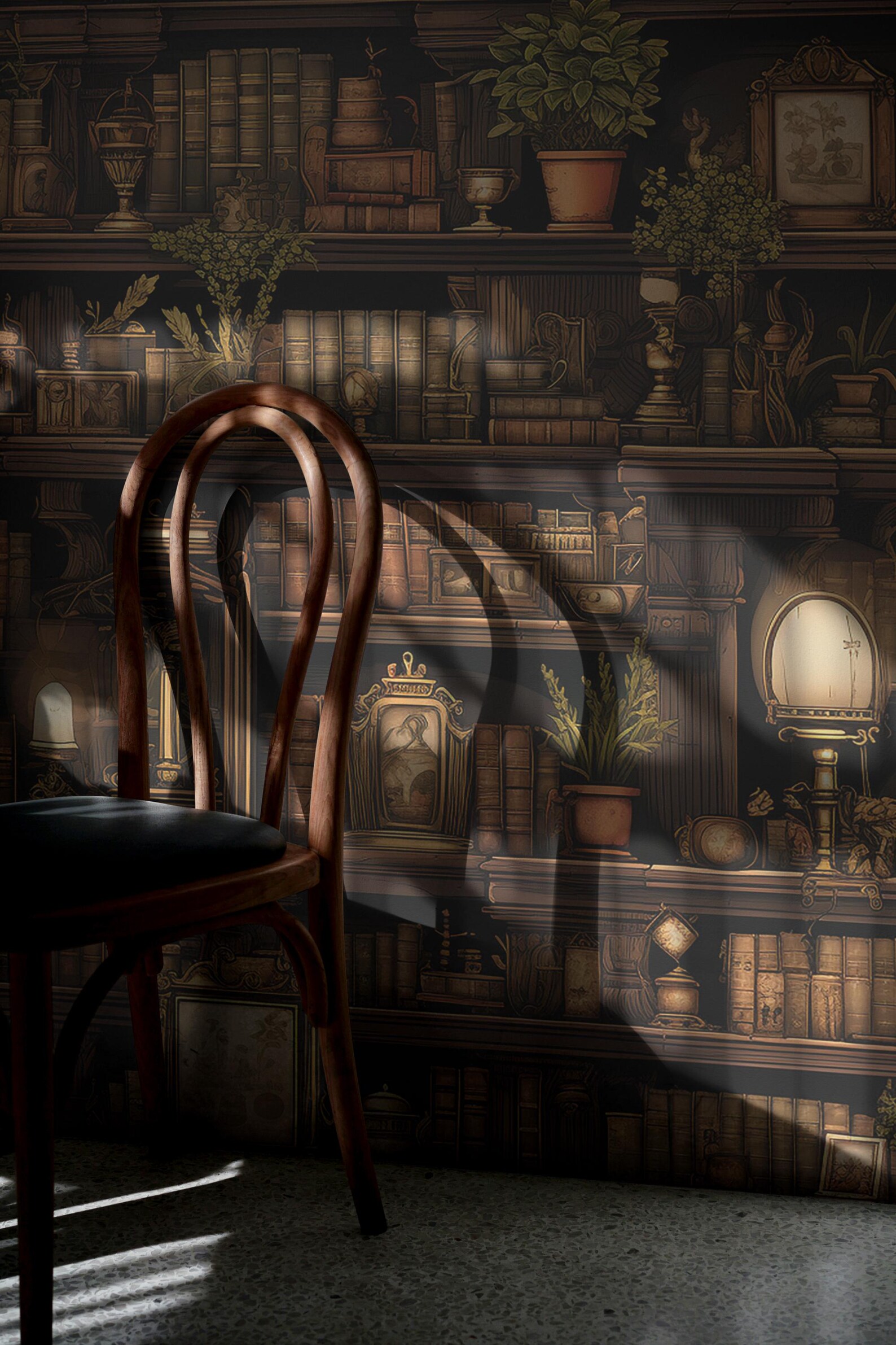 Vintage Bookshelf Wall Mural With Plant–water Activated Wallpaper for ...