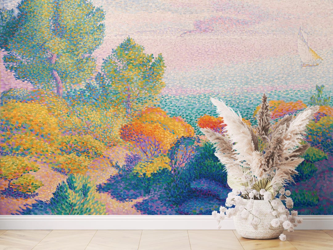 Pointillism Landscape Wallpaper – Colorful Impressionist Mural - Etsy