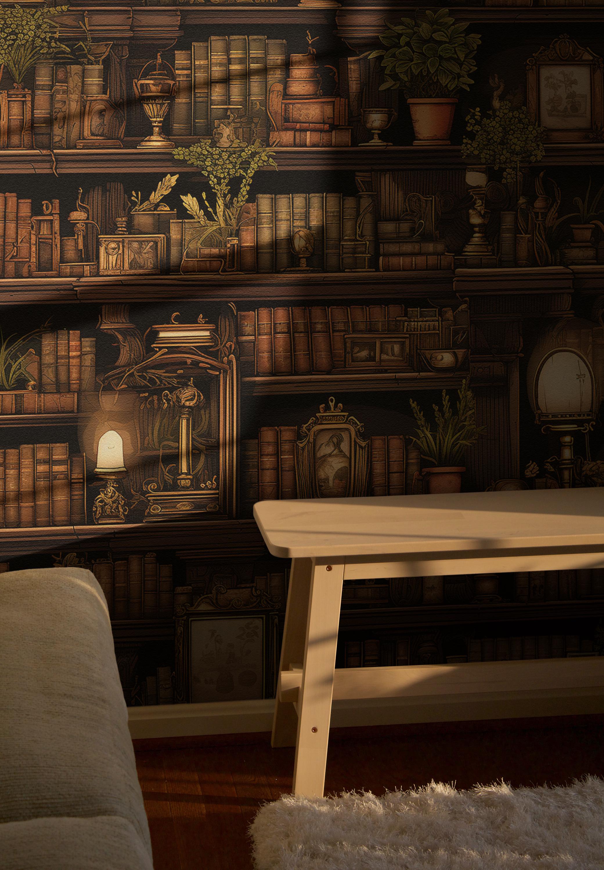 Vintage Bookshelf Wall Mural With Plant–water Activated Wallpaper for ...