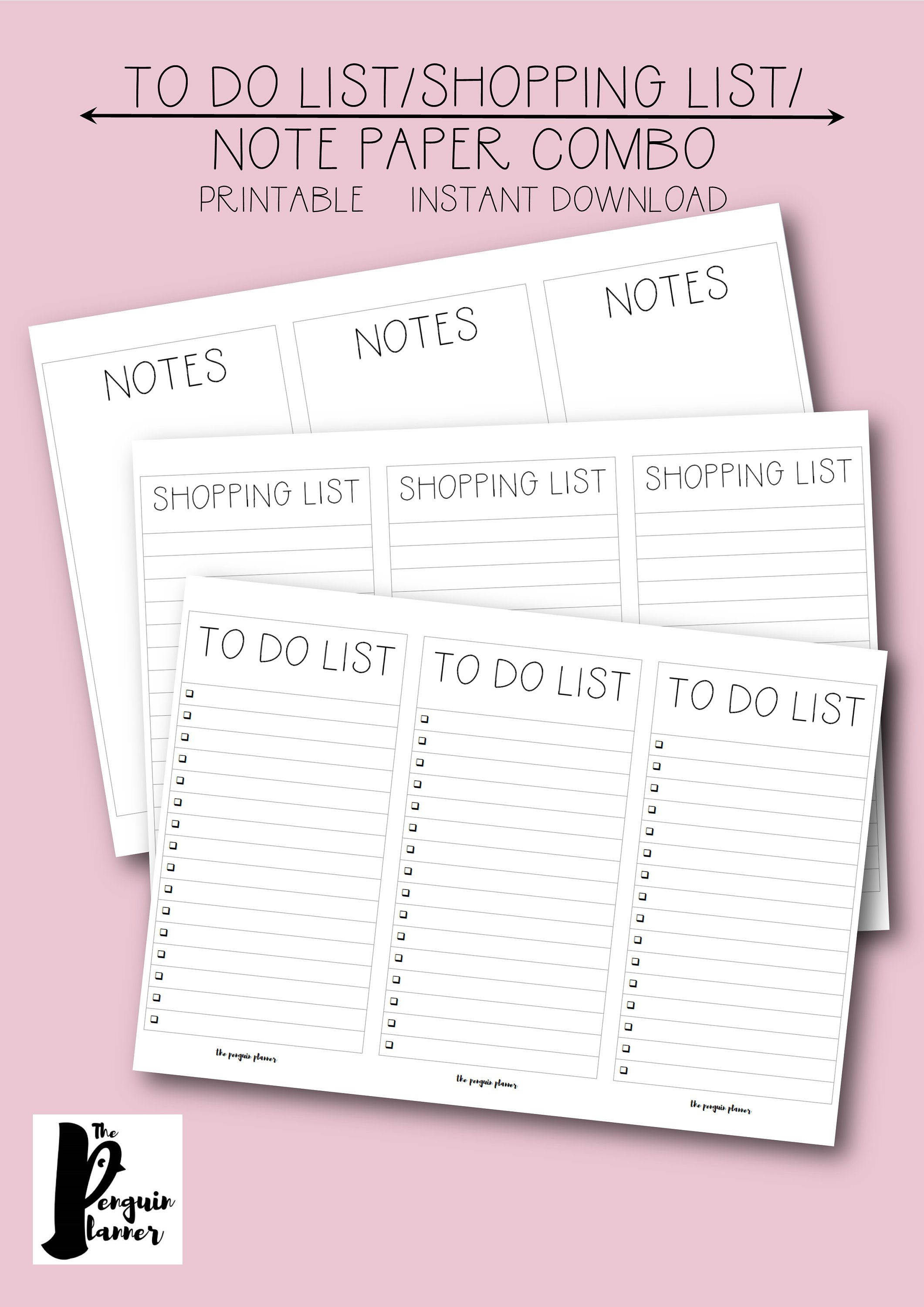 Printable to Do List, Shopping List and Note Paper Combo - Planner ...