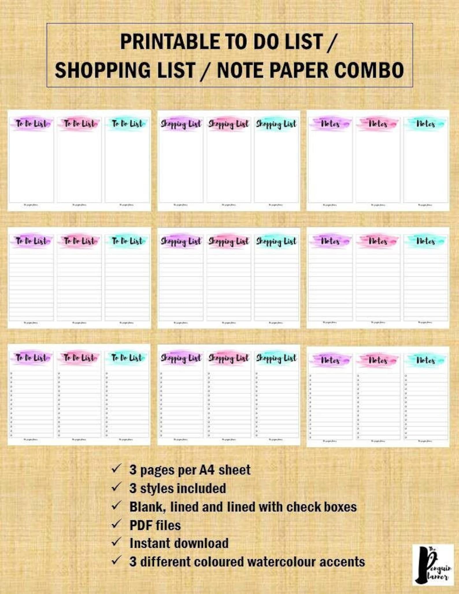 Printable to Do List Shopping List and Note Paper Combo - Etsy
