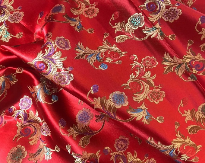 Chinese Satin Brocade in Red - ONE Yard, Vivid Red Satin Brocade Fabric ...