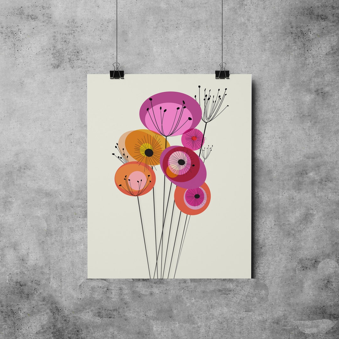 Mid Century Floral in Pink INSTANT DOWNLOAD Mid-century Modern ...