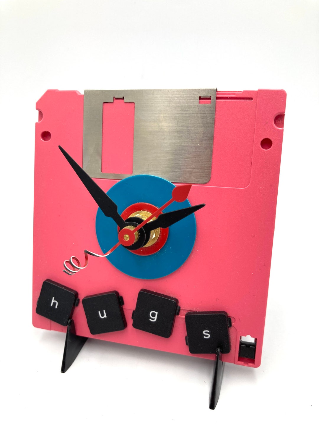 HUGS, Hug Time Clock, Computer Keyboard Keys on Pink Vintage Floppy ...
