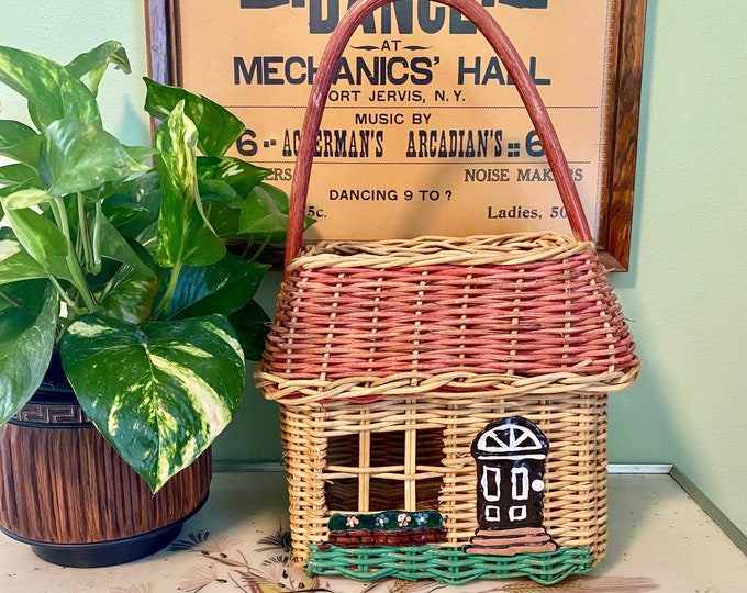 Vintage House Shaped Basket. Woven Wicker Rattan Basket With Handle ...