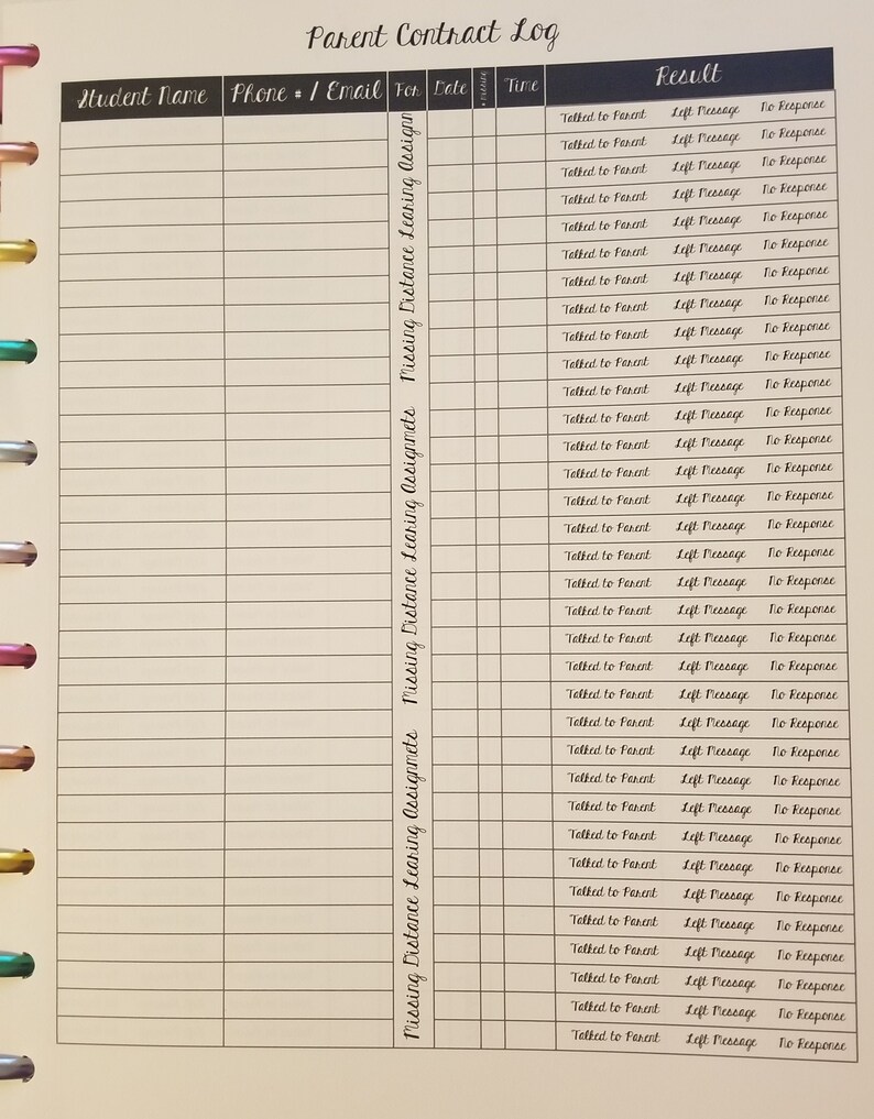 Parent Contact Log Black & White Script - Etsy