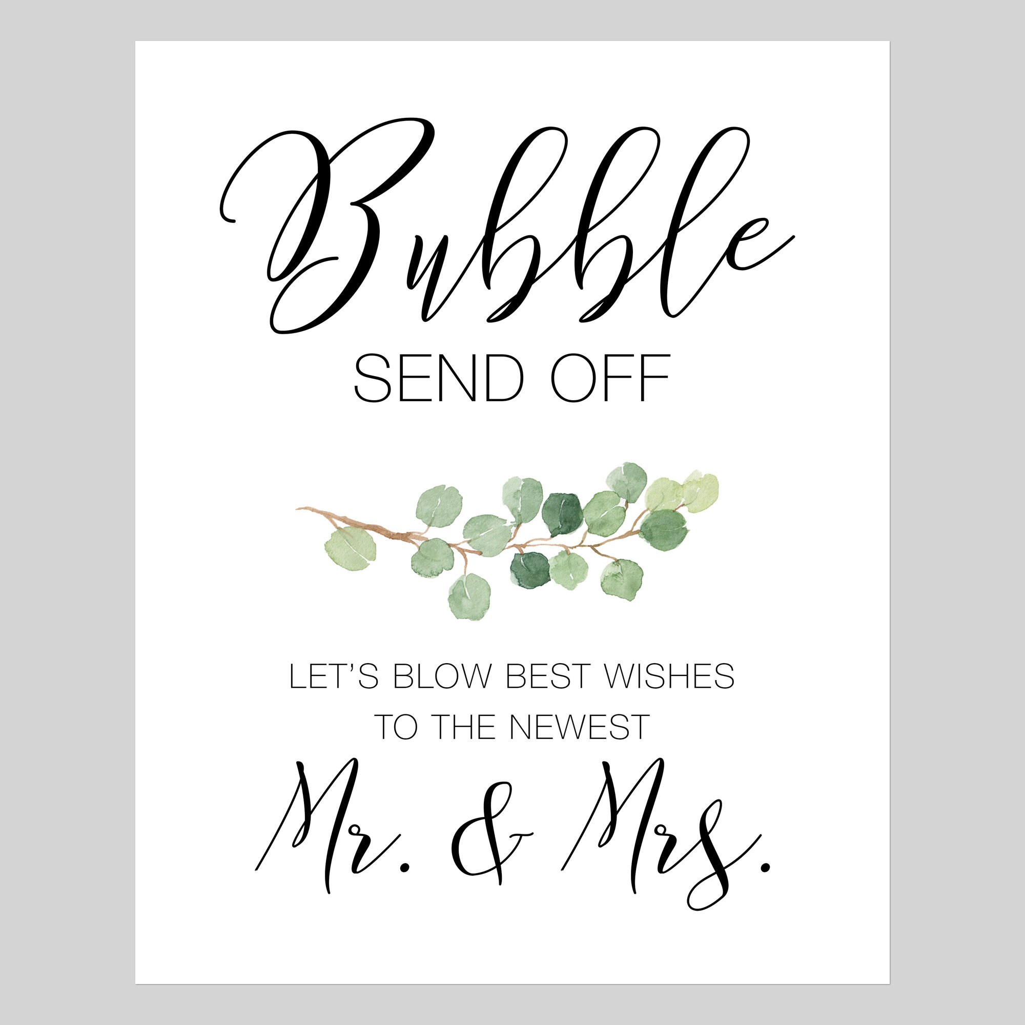 Bubble Send off Sign for Weddings - Watercolor Cardstock Eucalyptus ...