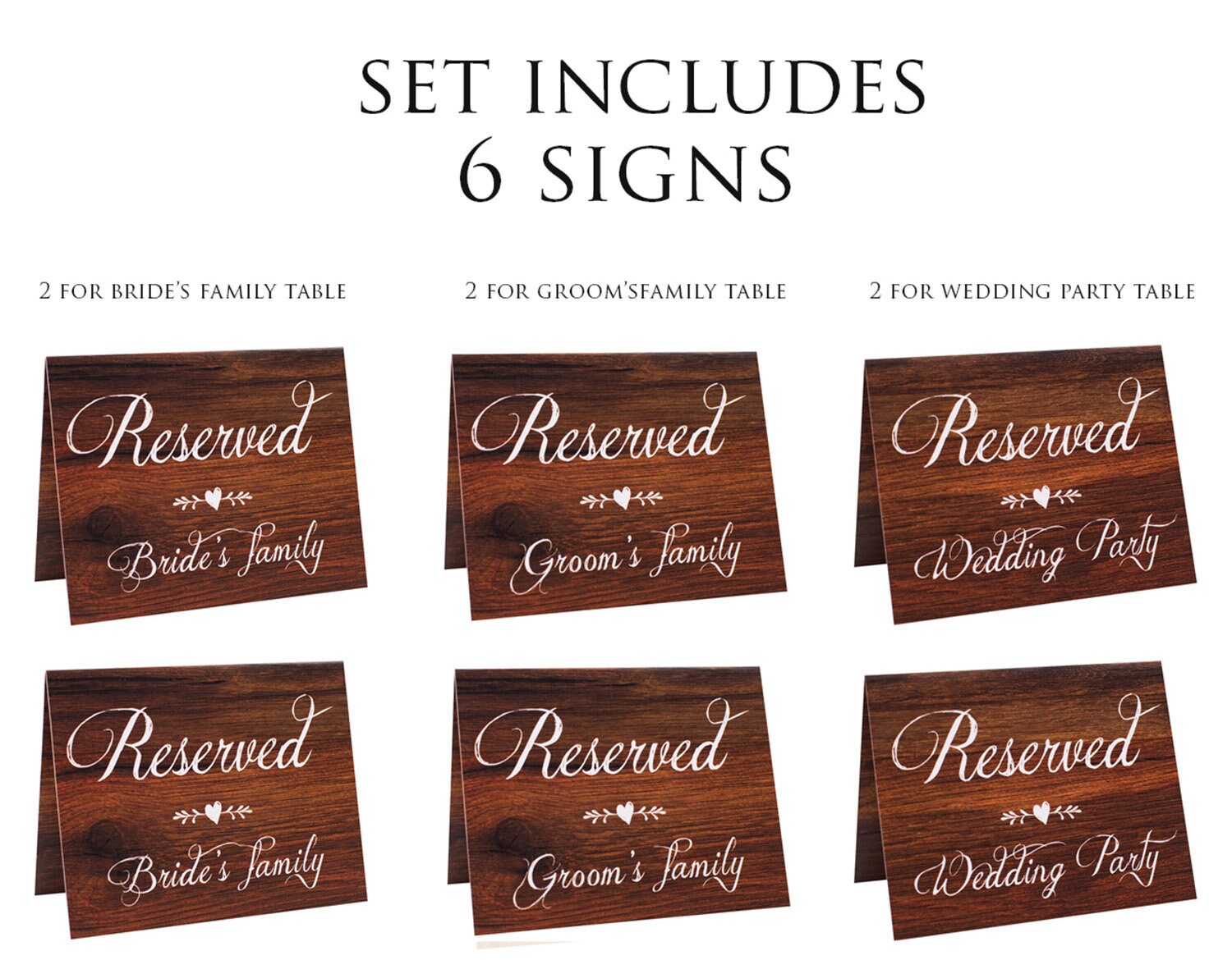 Reserved Table Signs | Set of 6 Wood Look Reserved for Brides Family ...