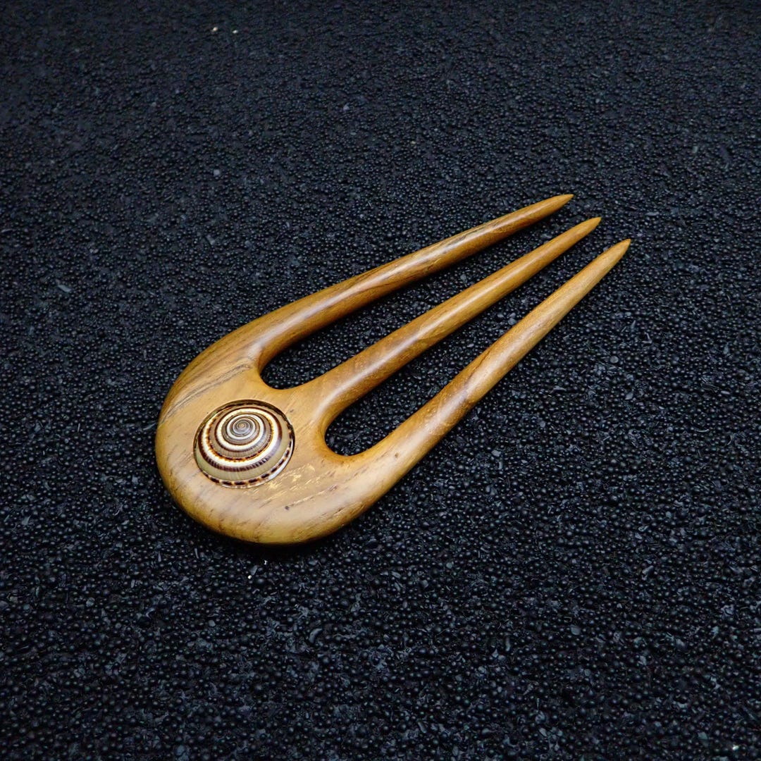 Wooden Hair Pin, 3 Prongs, With Natural Sundial Seashell Inlay, Hair ...