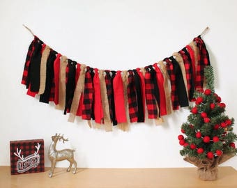 Buffalo Plaid Garland Black Red and Burlap Farmhouse Banner | Etsy
