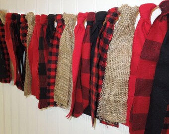 Buffalo Plaid Garland Black Red and Burlap Farmhouse Banner | Etsy