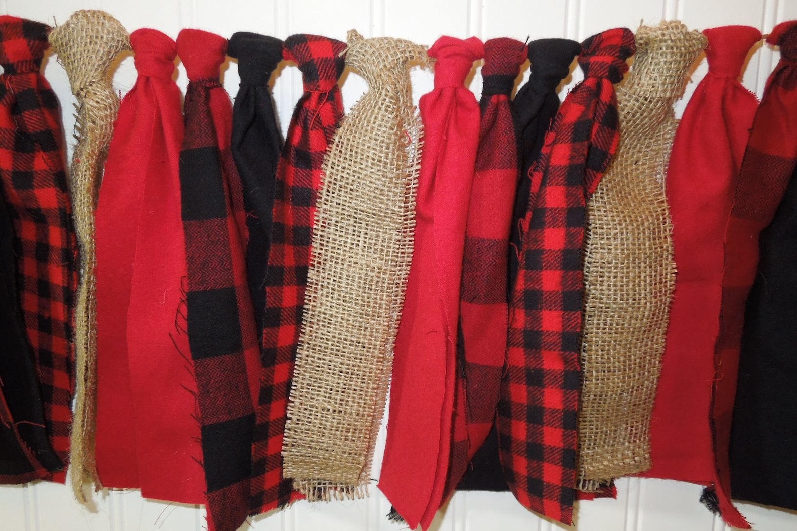 Buffalo Plaid Garland, Black Red and Burlap Scrappy Banner, Woodland ...