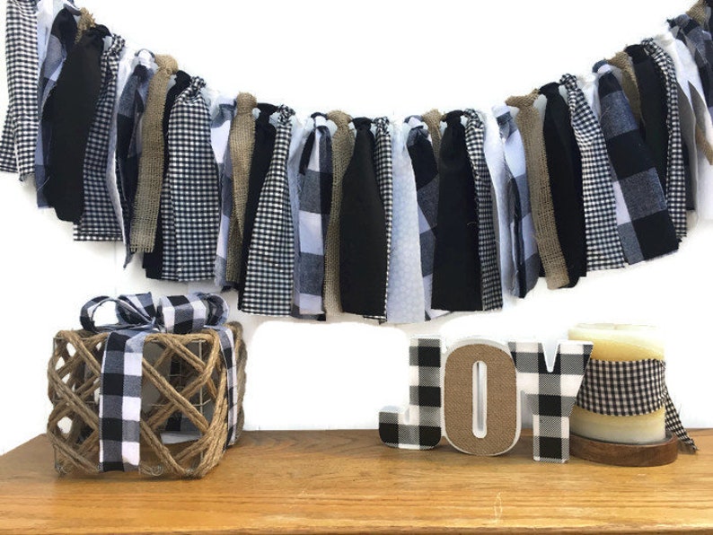 Buffalo Plaid Garland, Black White and Burlap Scrappy Banner, Woodland ...