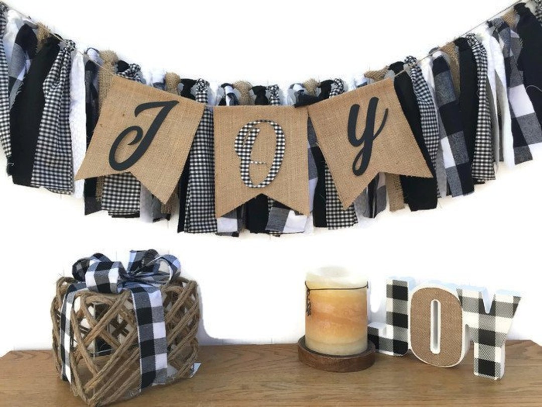 Buffalo Plaid Garland, Black White and Burlap Scrappy Banner, Woodland ...