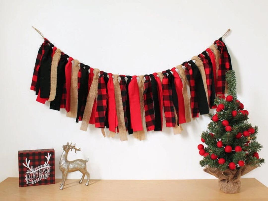 Buffalo Plaid Banner, Black and Red, Christmas Garland, Scrappy Banner ...
