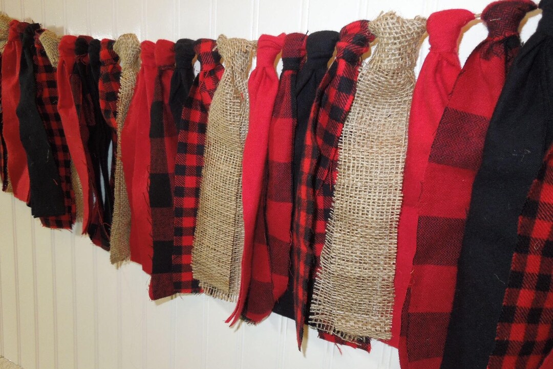 Buffalo Plaid Garland, Black Red and Burlap Scrappy Banner, Woodland ...